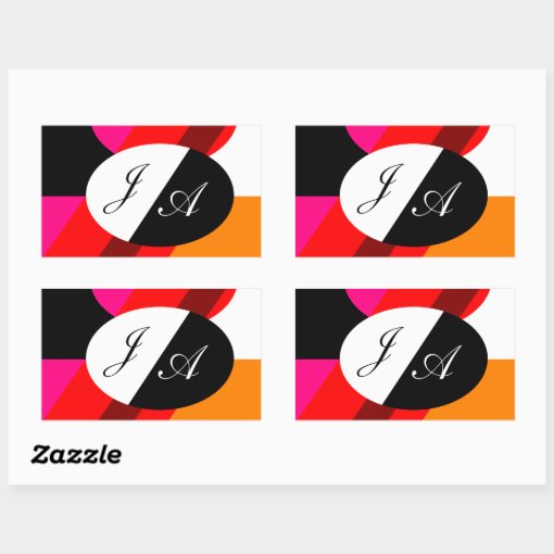 Black and white and red double monogrammed rectangular sticker | Zazzle