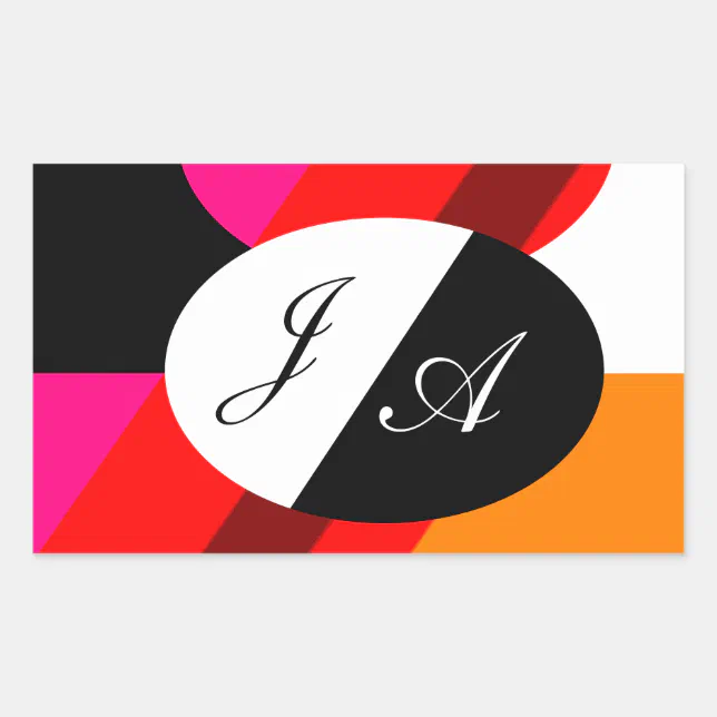 Black and white and red double monogrammed rectangular sticker | Zazzle