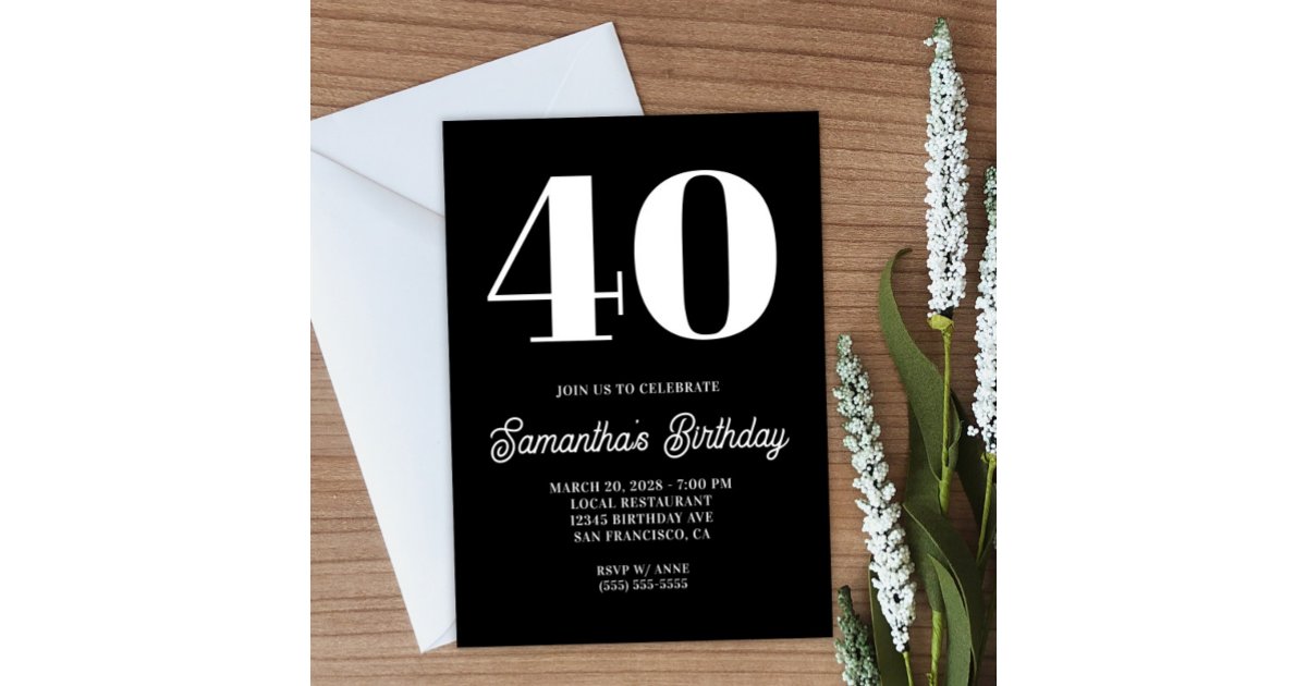 Black and White Big Number 40th Birthday Invitation | Zazzle