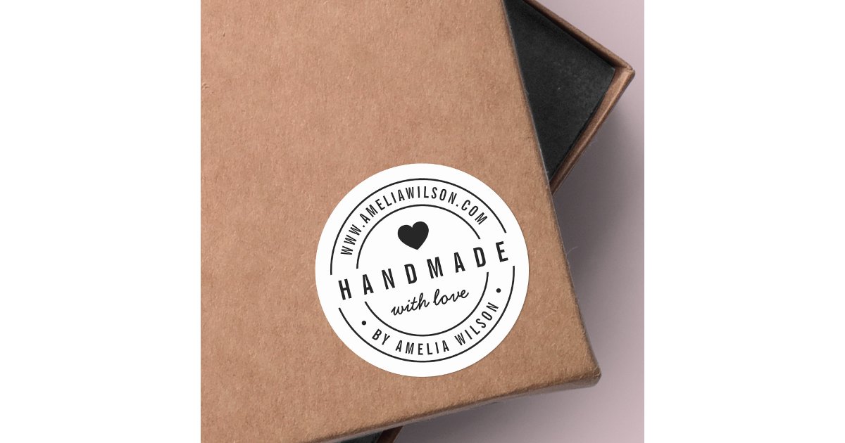 Black and White Bold Handmade With Love Heart Classic Round Sticker ...