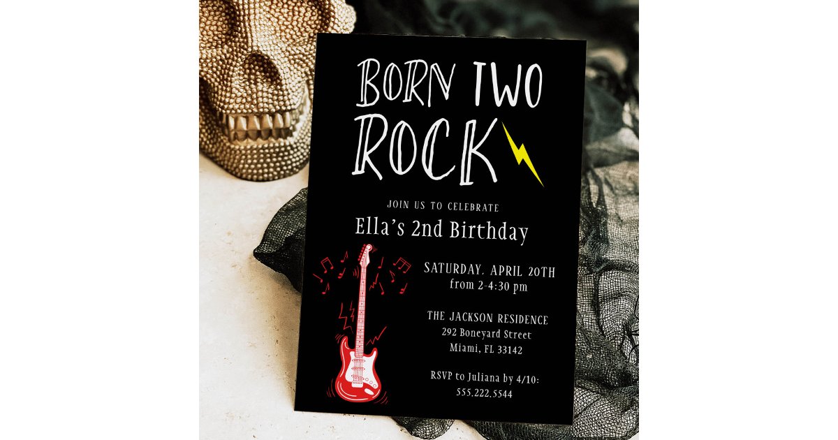Black and White Born Two Rock Guitar 2nd Birthday Invitation | Zazzle