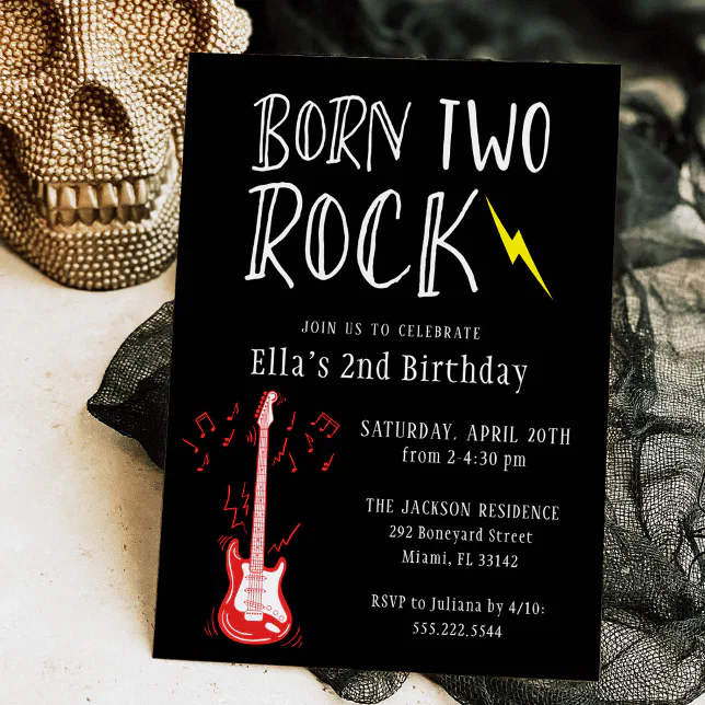 Black and White Born Two Rock Guitar 2nd Birthday Invitation | Zazzle