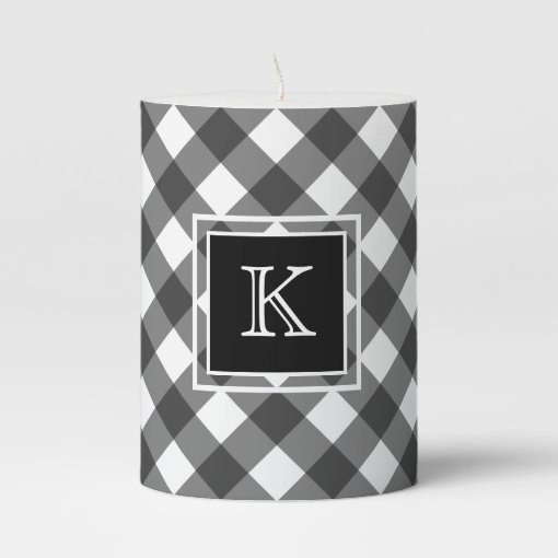 Black and White Buffalo Check Custom Monogram Pillar Candle | Zazzle