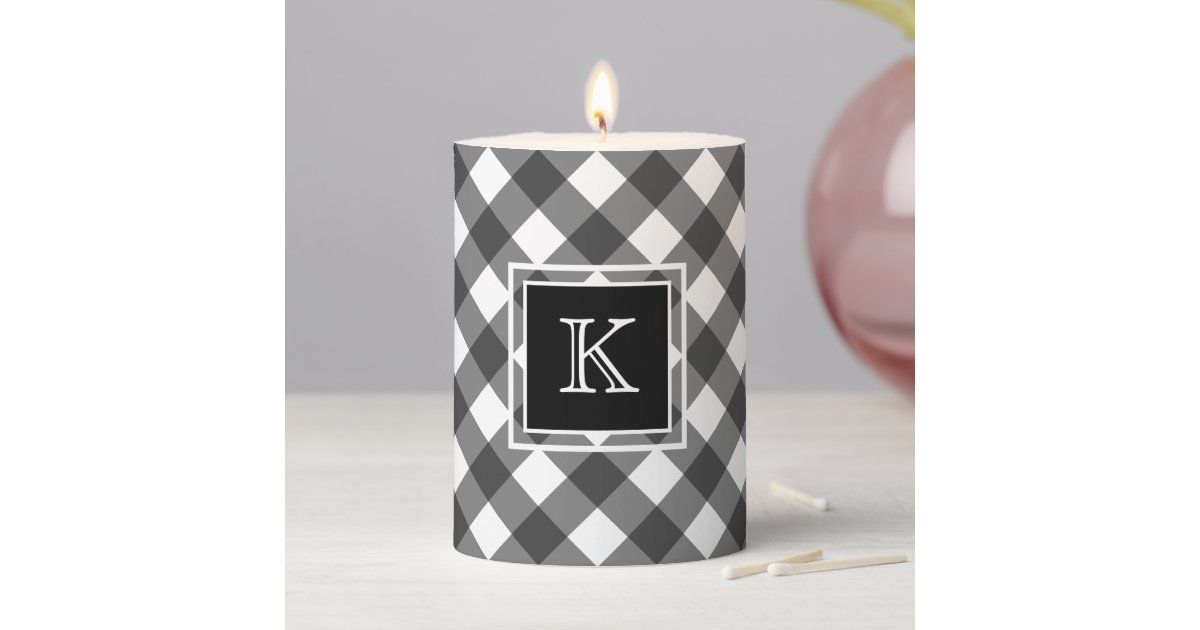 Black and White Buffalo Check Custom Monogram Pillar Candle | Zazzle