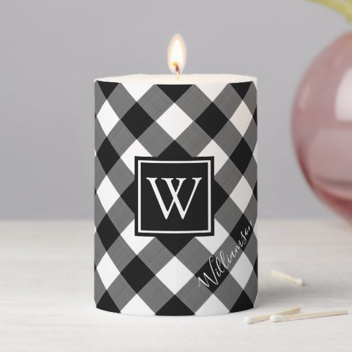 Black and White Buffalo Check Plaid Monogram Pillar Candle | Zazzle