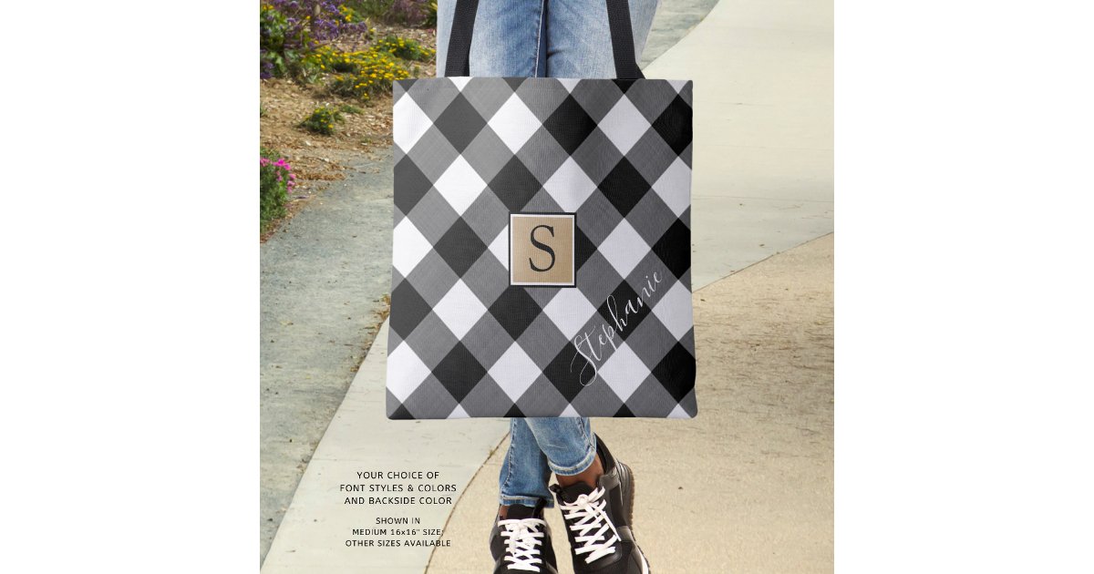 Black and White Buffalo Check Plaid Monogram Tote Bag | Zazzle