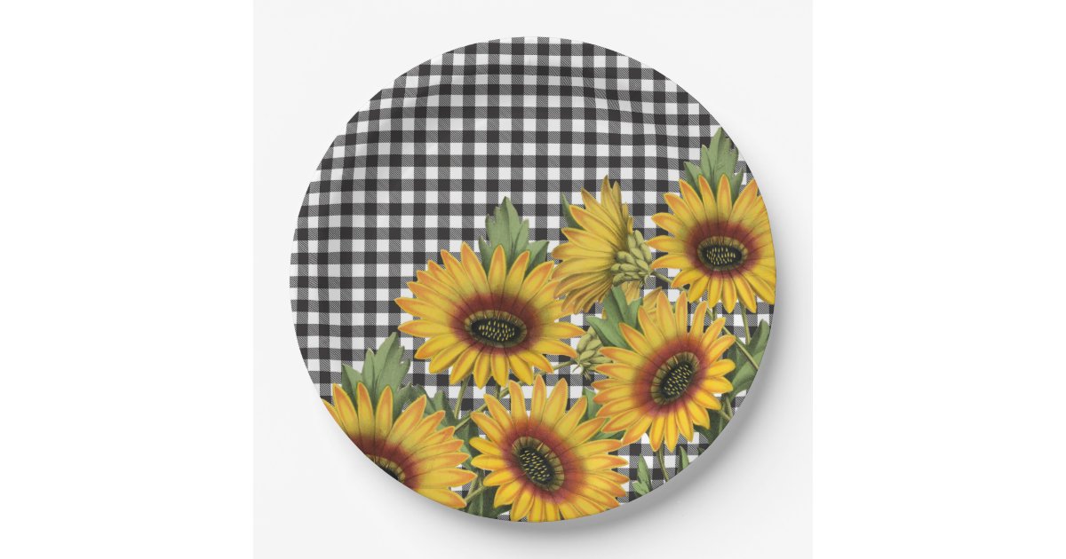 Black and White Buffalo Plaid Yellow Sunflowers Paper Plates | Zazzle