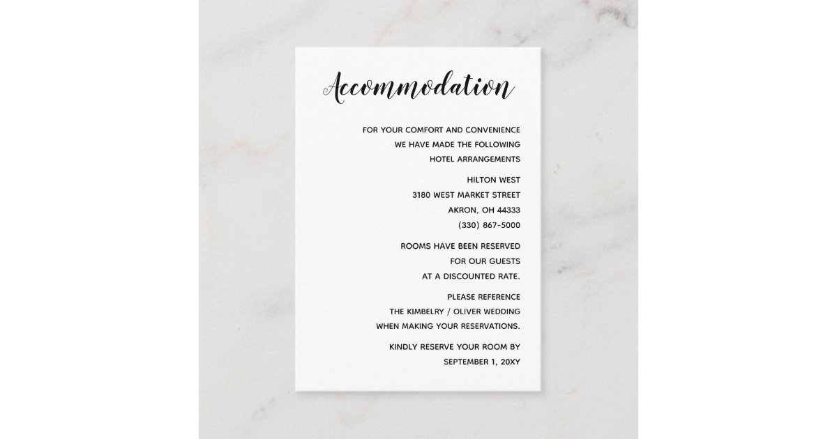 Black and White Calligraphy accommodation card | Zazzle