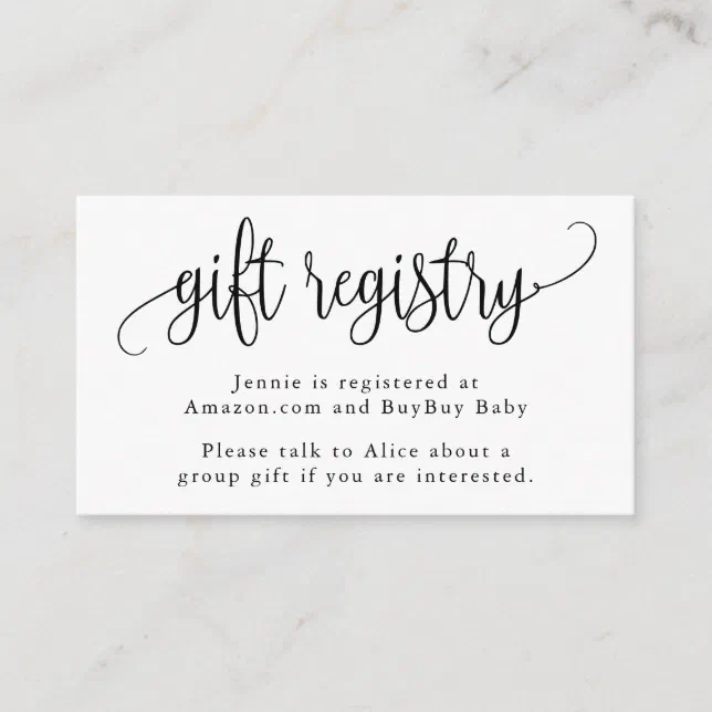 Black and White Calligraphy Script Gift Registry Enclosure Card | Zazzle