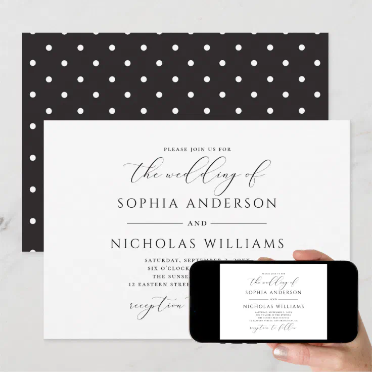 Black and white calligraphy wedding. Polka dots Invitation | Zazzle