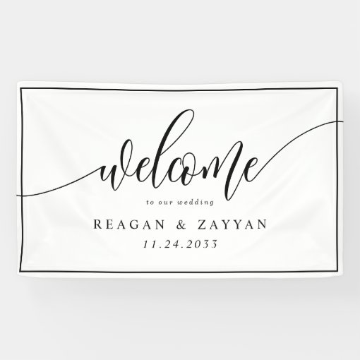 Black And White Calligraphy Wedding Welcome Banner | Zazzle