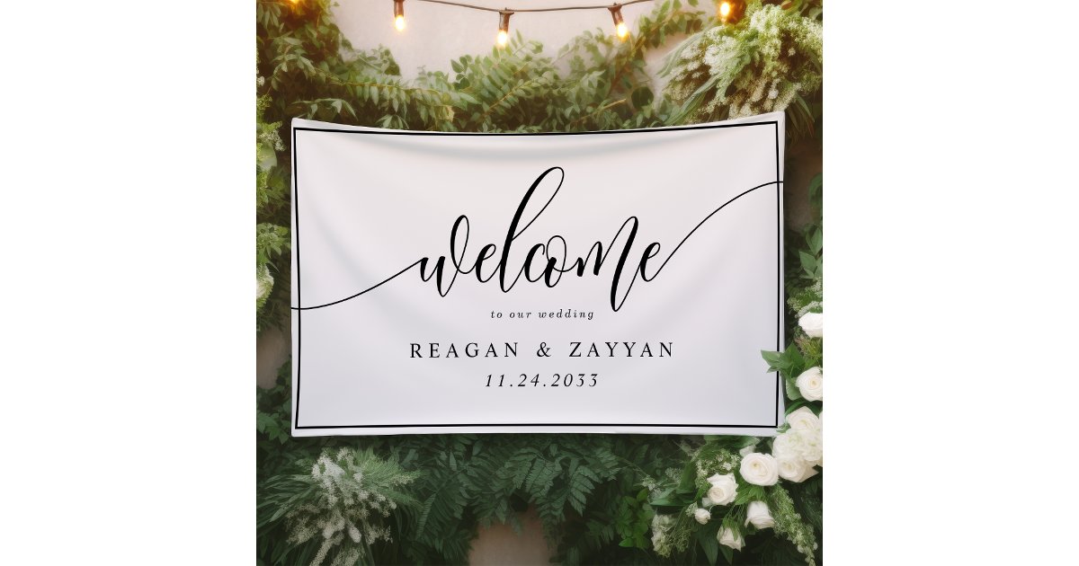 Black And White Calligraphy Wedding Welcome Banner | Zazzle
