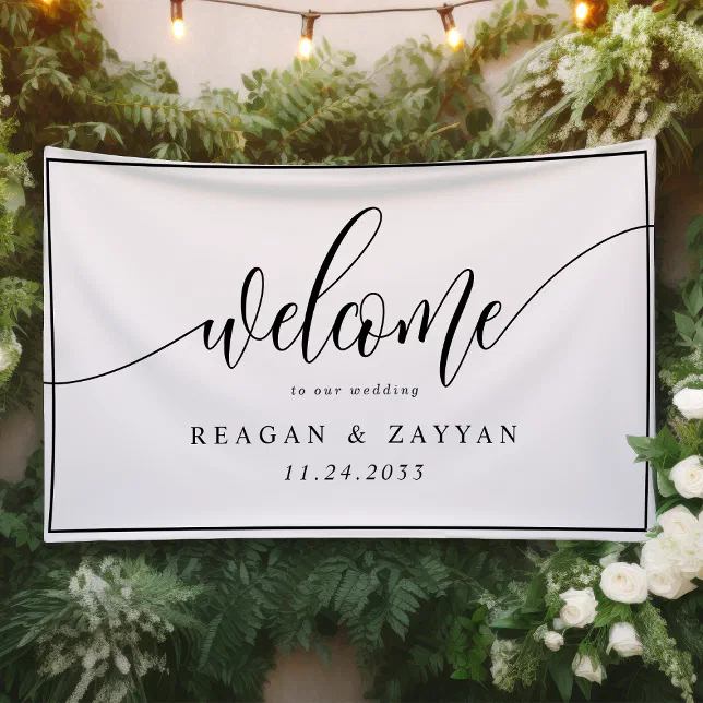 Black And White Calligraphy Wedding Welcome Banner | Zazzle