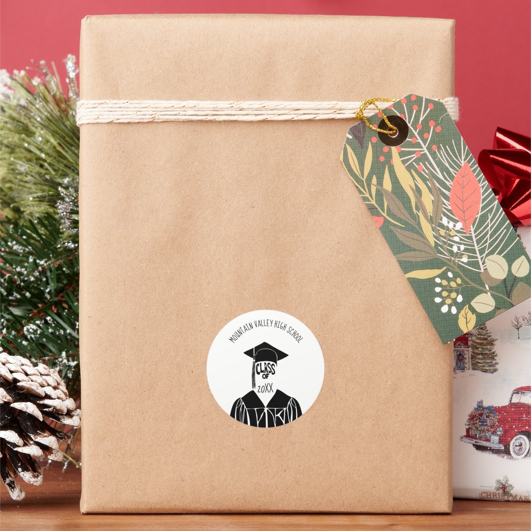 Black and White Cap and Gown Graduation Classic Round Sticker | Zazzle