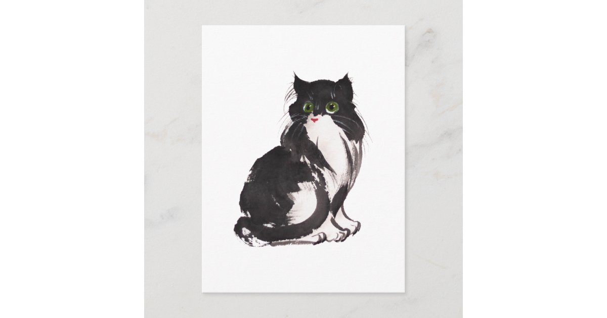 Black and white cat sumie postcard | Zazzle