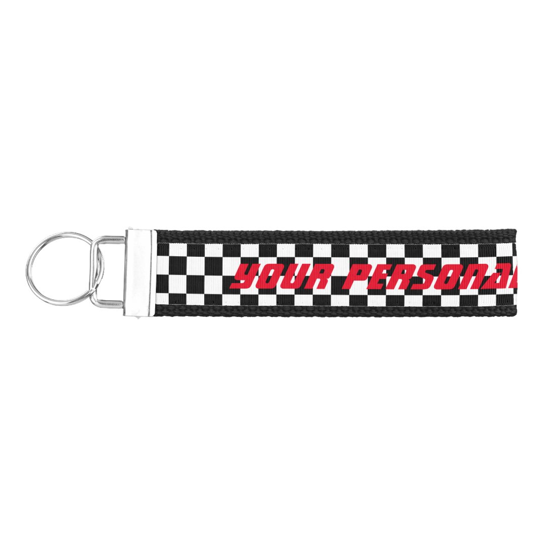 Black and white checkered flag custom auto racing wrist keychain | Zazzle