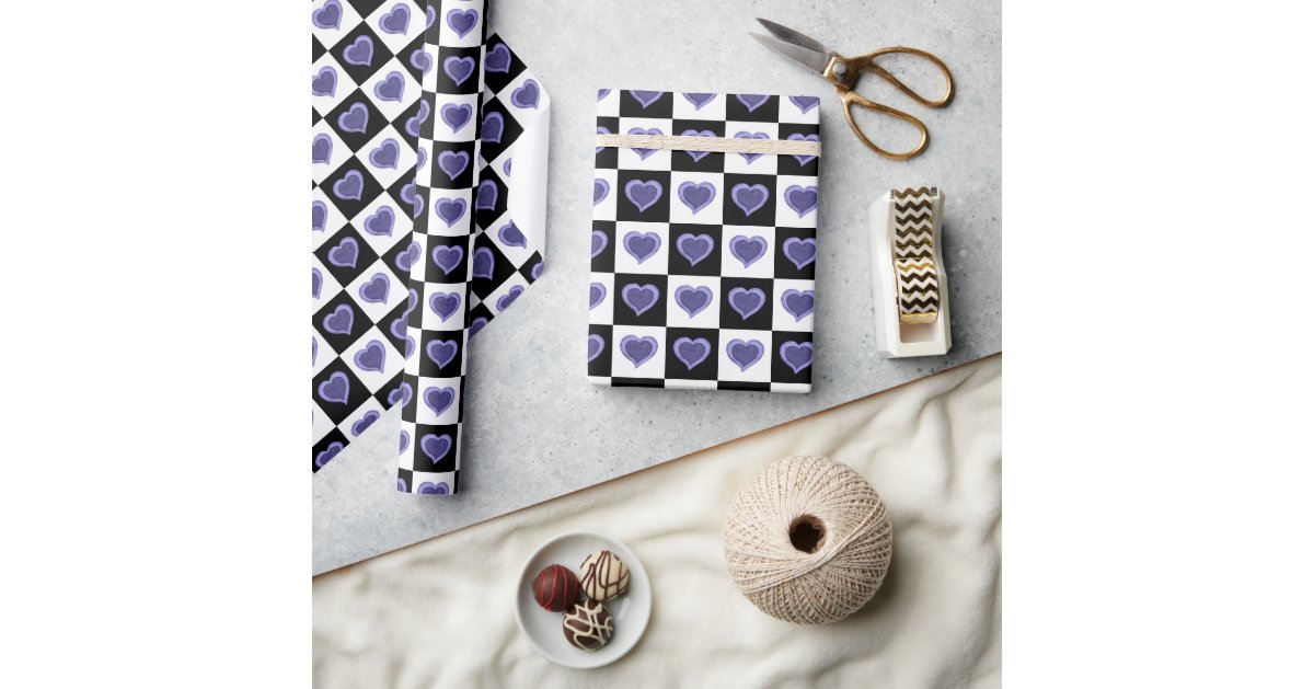 Black and white checkered pattern, purple hearts wrapping paper | Zazzle