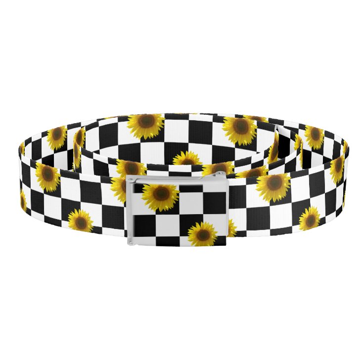 Black and White Checkered & Sunflower Print Belt | Zazzle