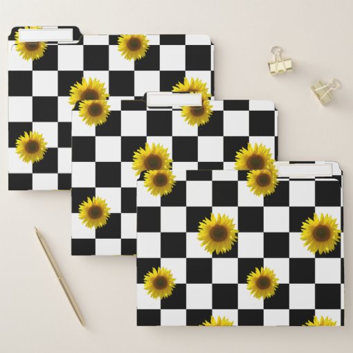 Black and White Checkered & Sunflower Print File Folder | Zazzle