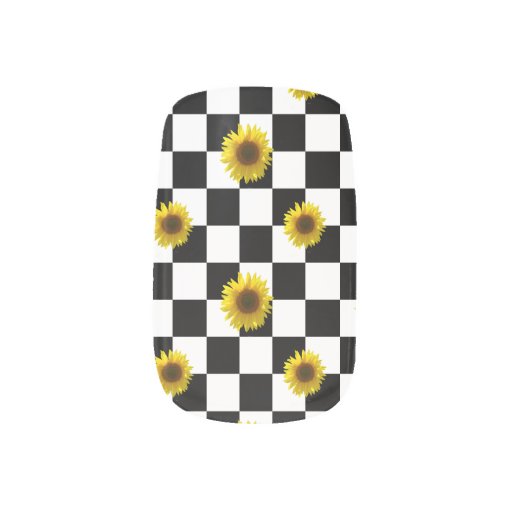 Black and White Checkered & Sunflower Print Minx Nail Art | Zazzle