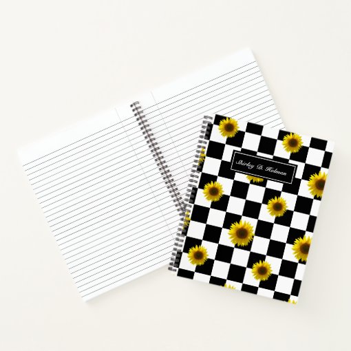 Black and White Checkered & Sunflower Print Notebook | Zazzle