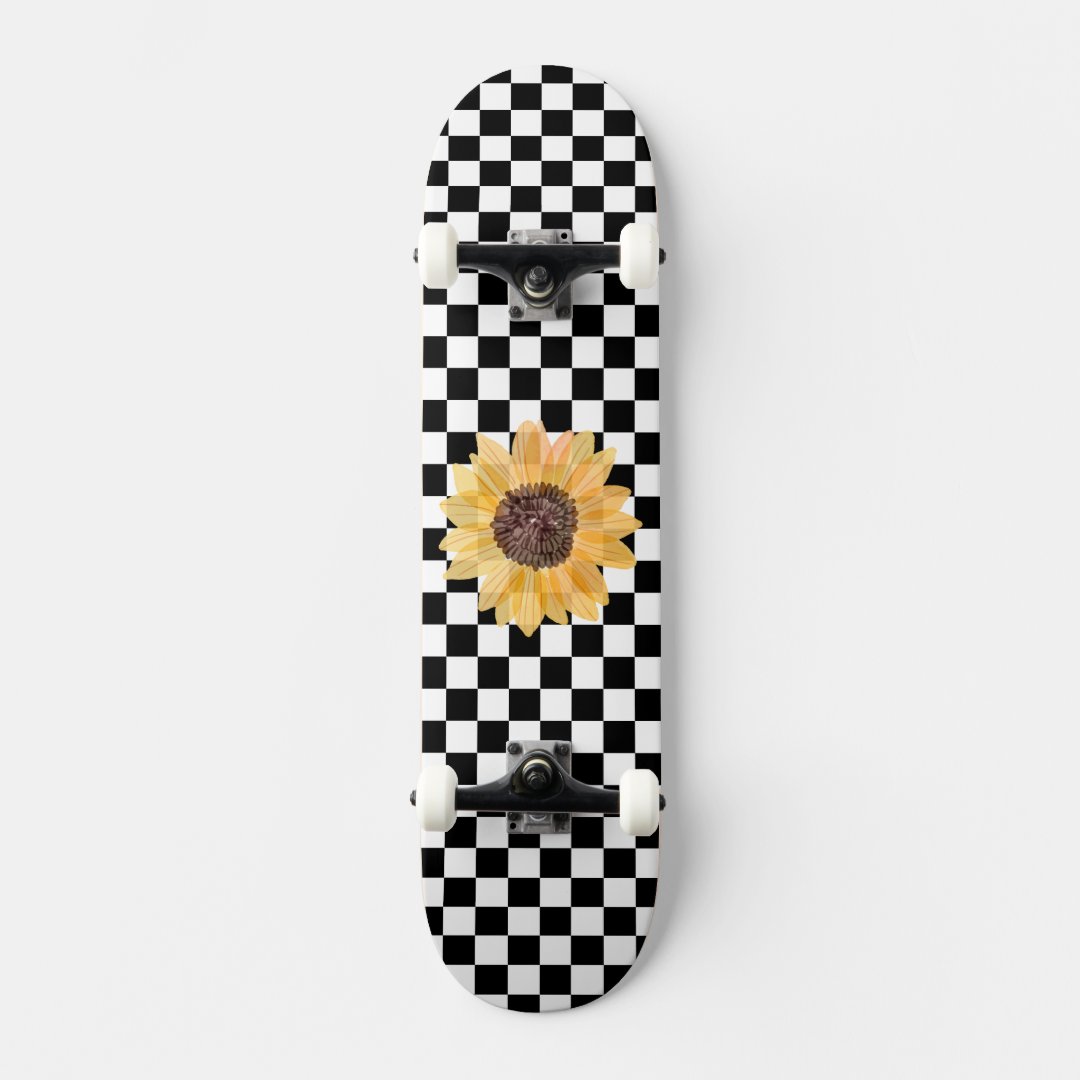 Black and White Checkered & Sunflower Print Skateboard | Zazzle