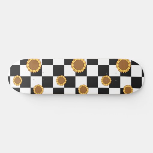 Black and White Checkered & Sunflower Print Skateboard | Zazzle