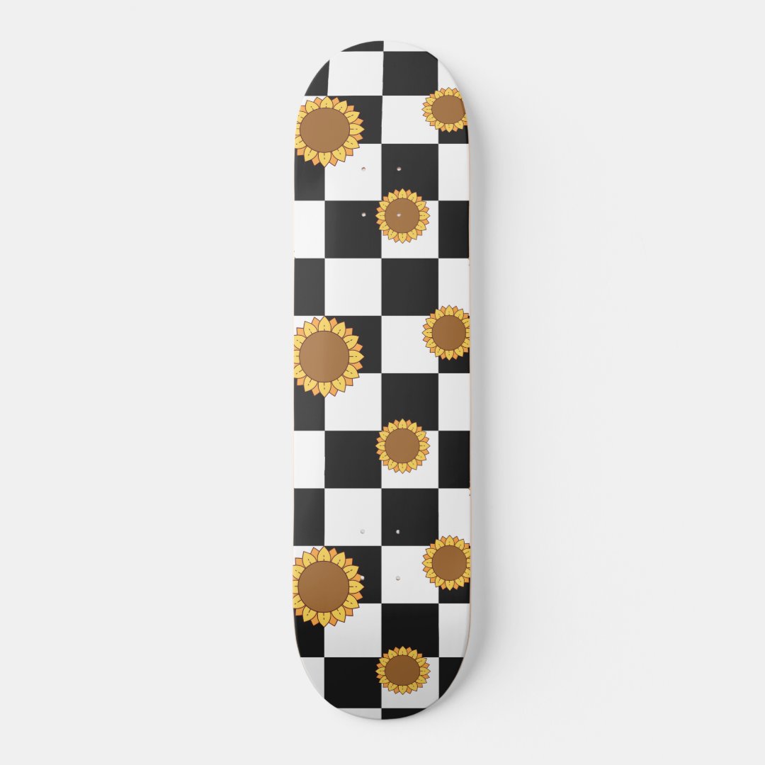 Black and White Checkered & Sunflower Print Skateboard | Zazzle