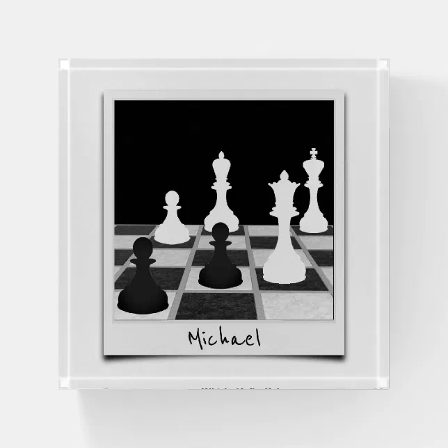 Black and White Chess Pieces on Chessboard Retro Paperweight | Zazzle
