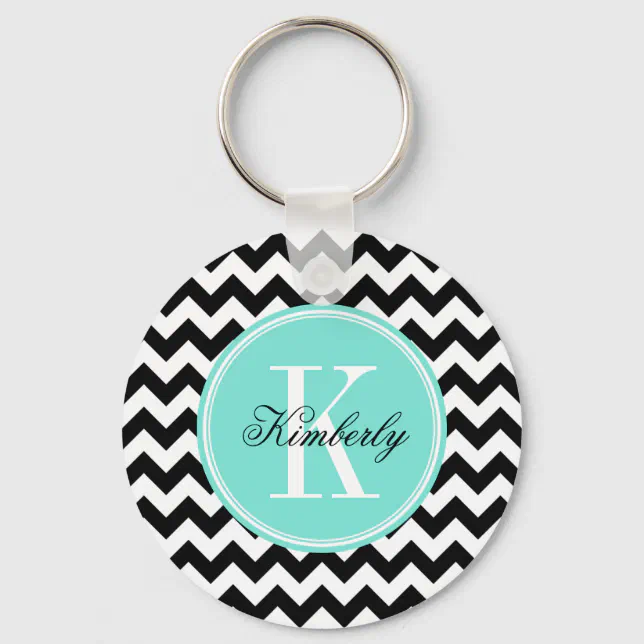 Black and White Chevron with Turquoise Monogram Keychain | Zazzle