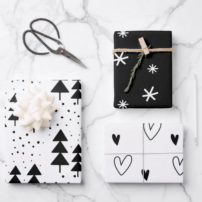 Black and White Christmas Trees Snowflakes Hearts Wrapping Paper Sheets ...