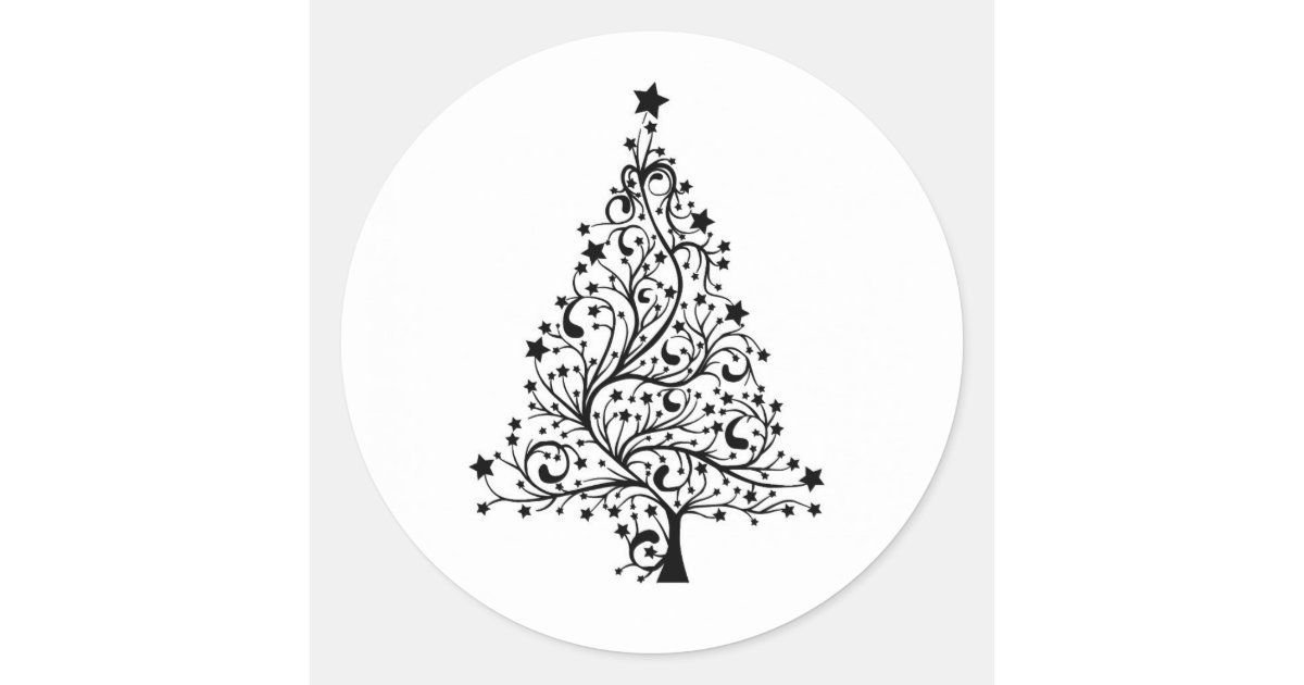 Black and White Classic Christmas Tree Classic Round Sticker | Zazzle