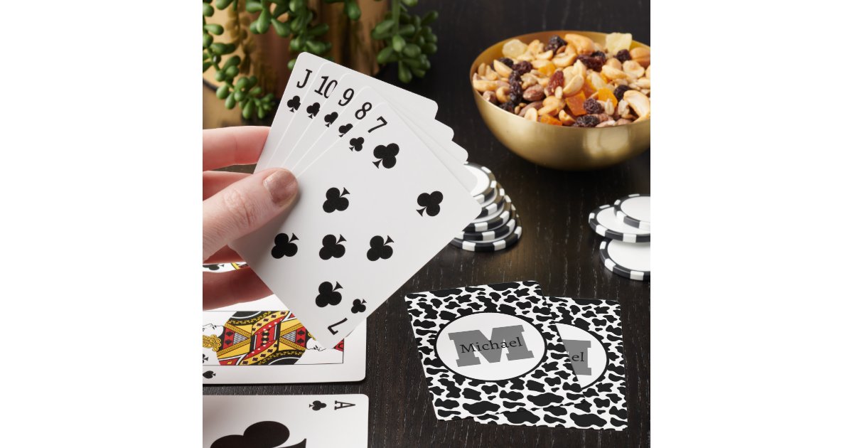 Black And White Cow Print Monogram Poker Cards | Zazzle