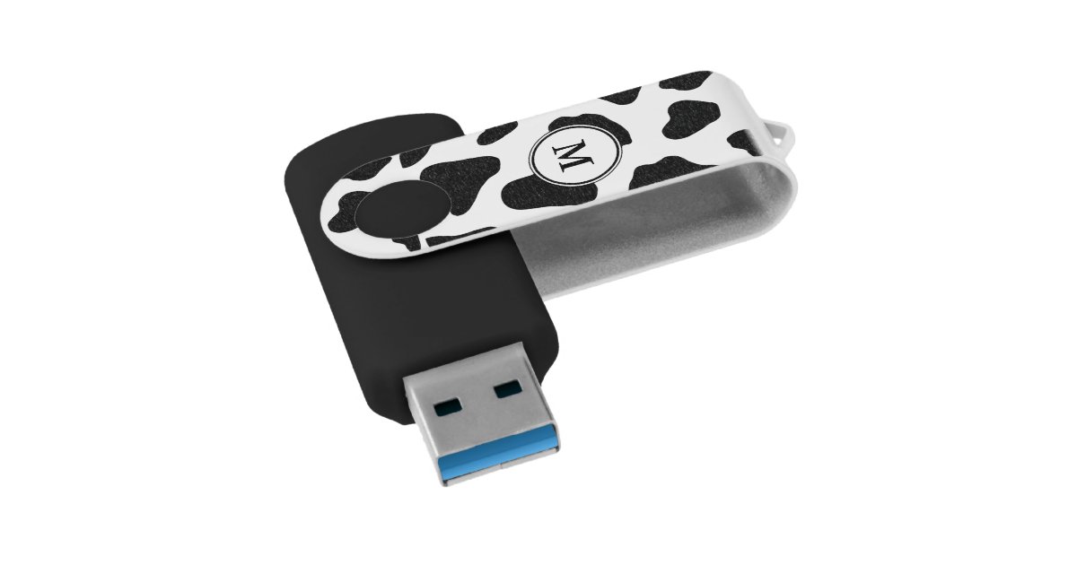 Black and White Cow Print with Custom Monogram USB Flash Drive | Zazzle