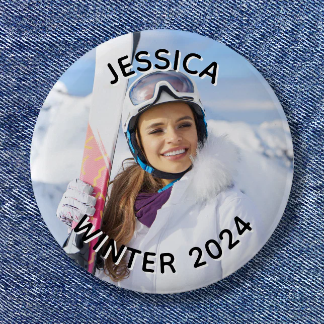 Black and White Curved Text Family Photo Button | Zazzle