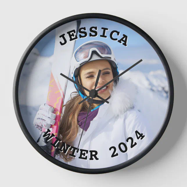 Black and White Curved Text Family Photo Clock | Zazzle