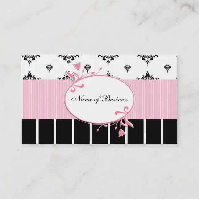 Black And White Damask Chic Pink Floral Business Card | Zazzle