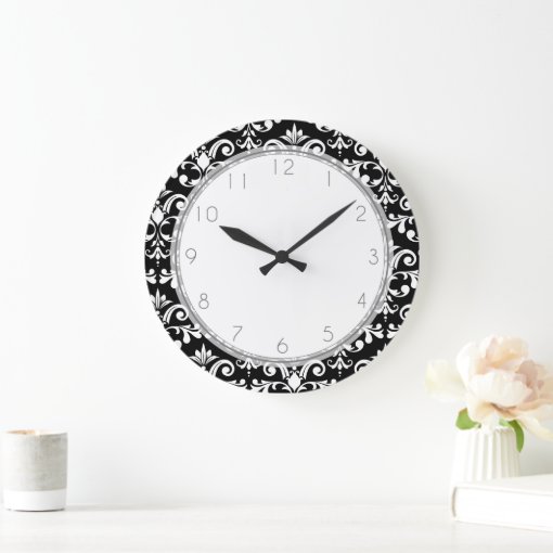 Black and White Damask Pattern Large Clock | Zazzle
