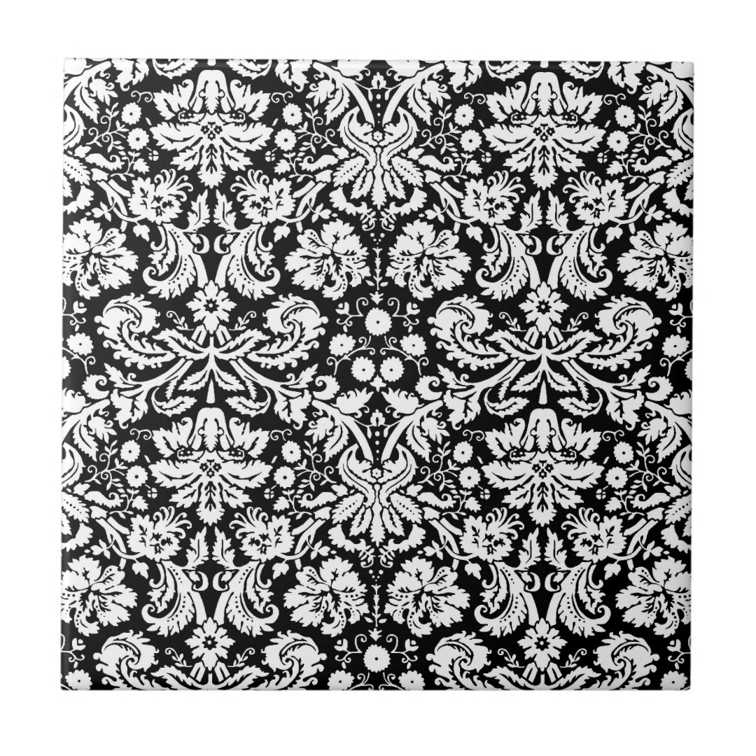 Black and white damask pattern tile | Zazzle