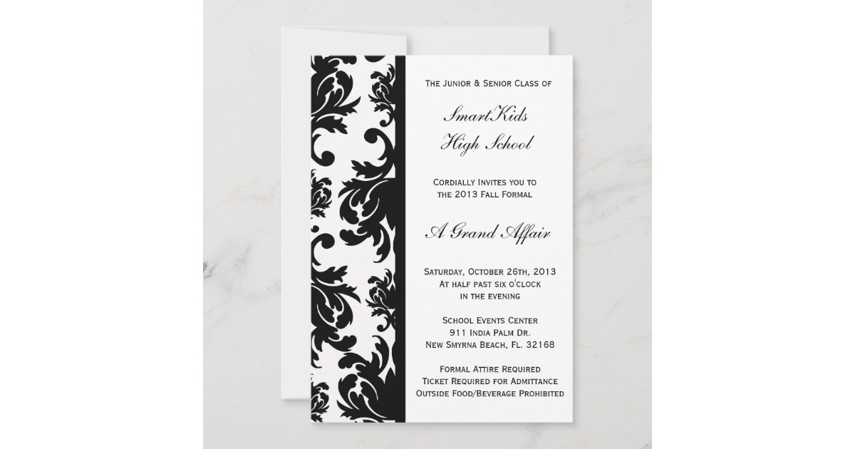 Black and White Damask School Prom or Formal Invitation | Zazzle