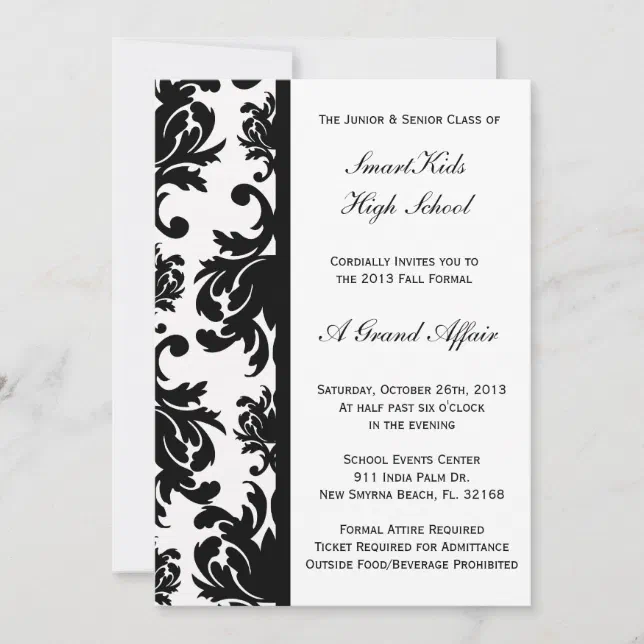 Black and White Damask School Prom or Formal Invitation | Zazzle