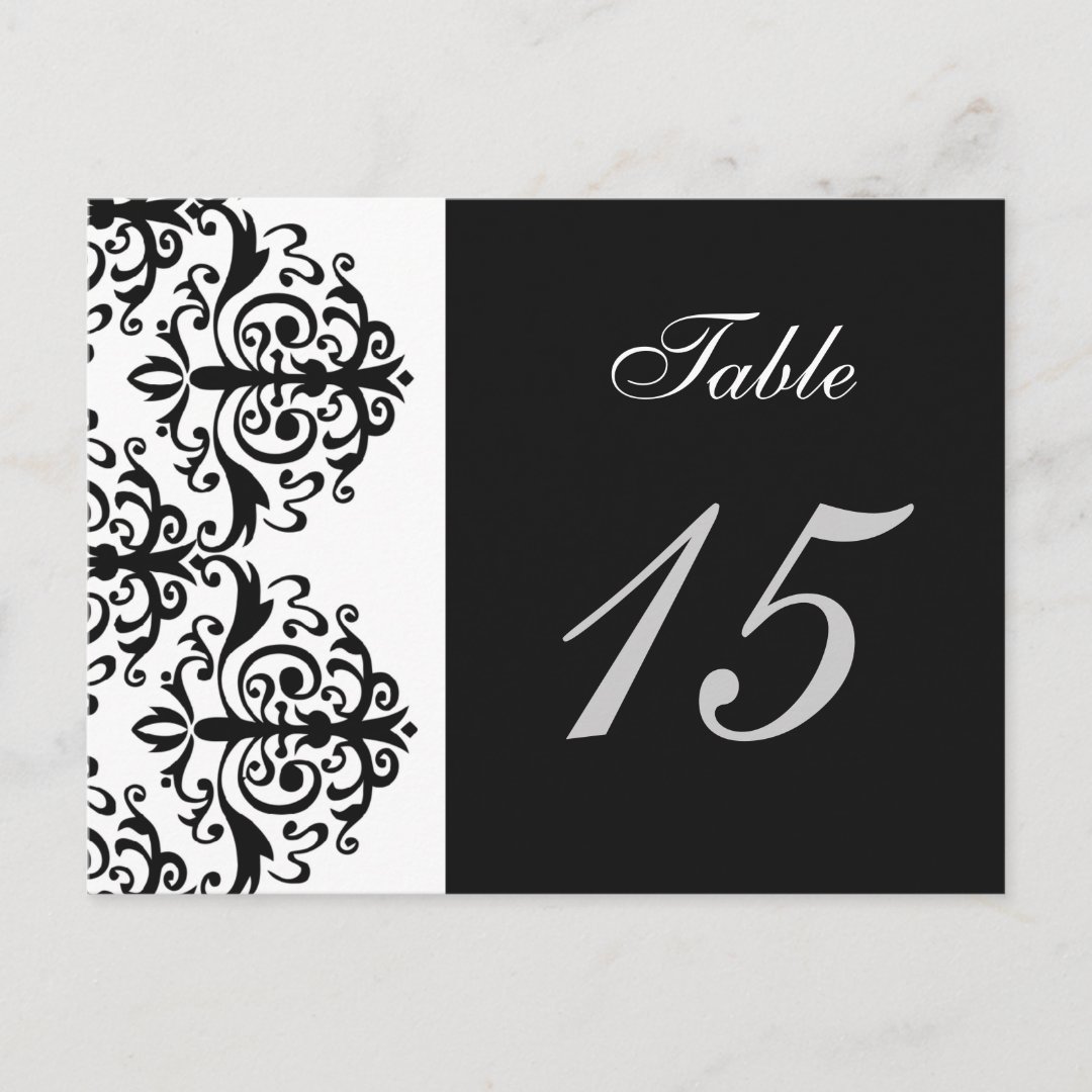 black and white damask table number cards | Zazzle