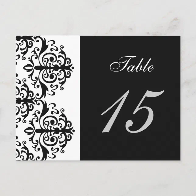 black and white damask table number cards | Zazzle