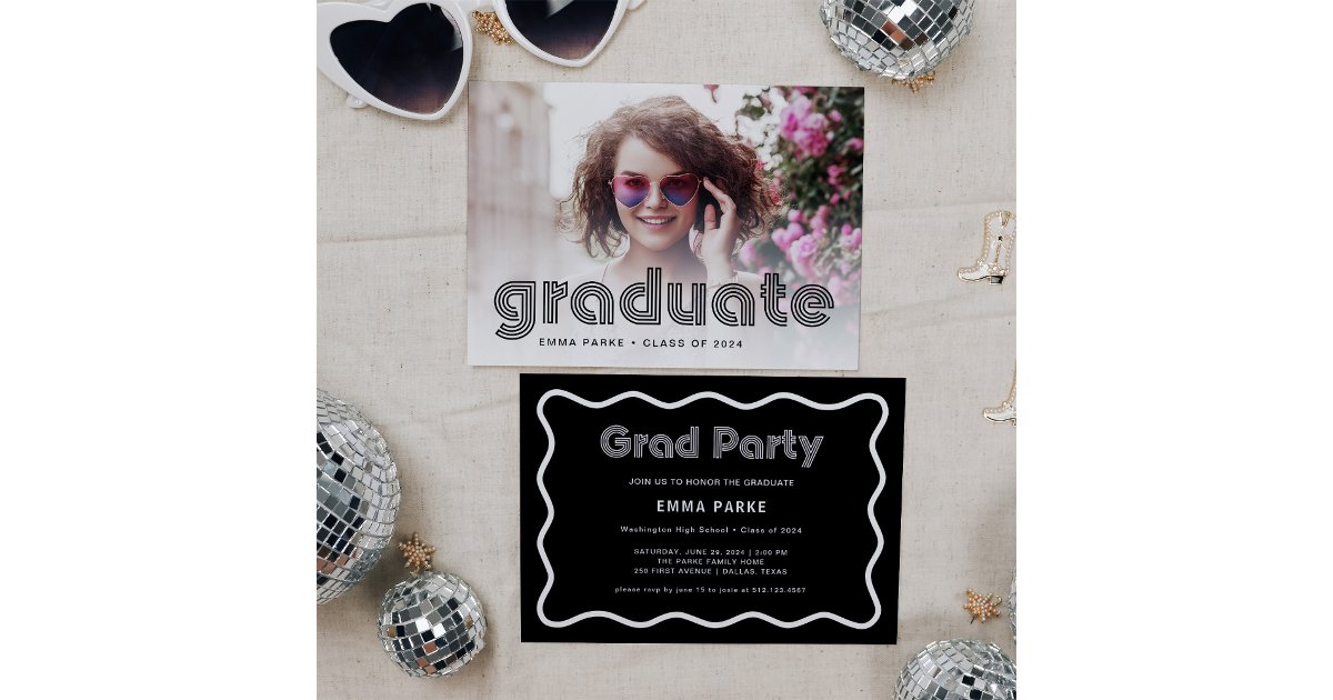 Black and White Disco Text and Photo | Grad Party Announcement | Zazzle