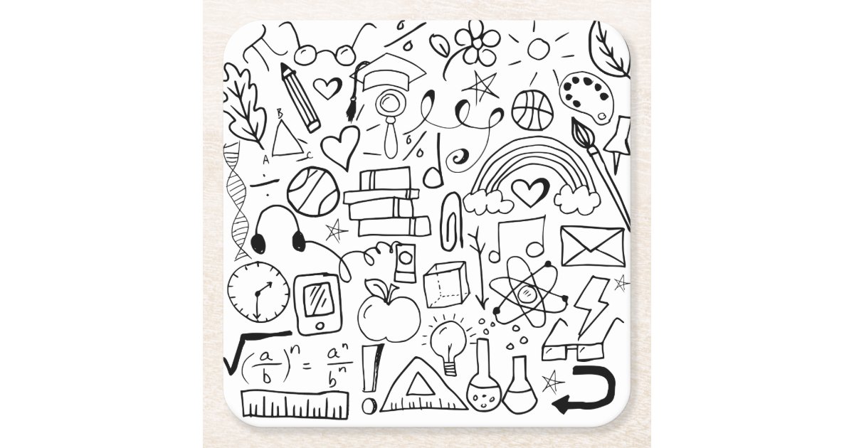 Black and White Doodle School Art Square Paper Coaster | Zazzle