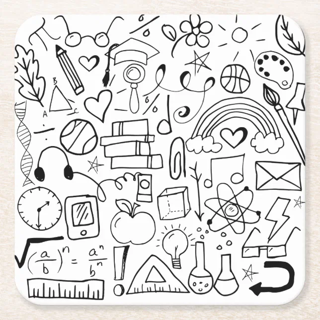 Black and White Doodle School Art Square Paper Coaster | Zazzle