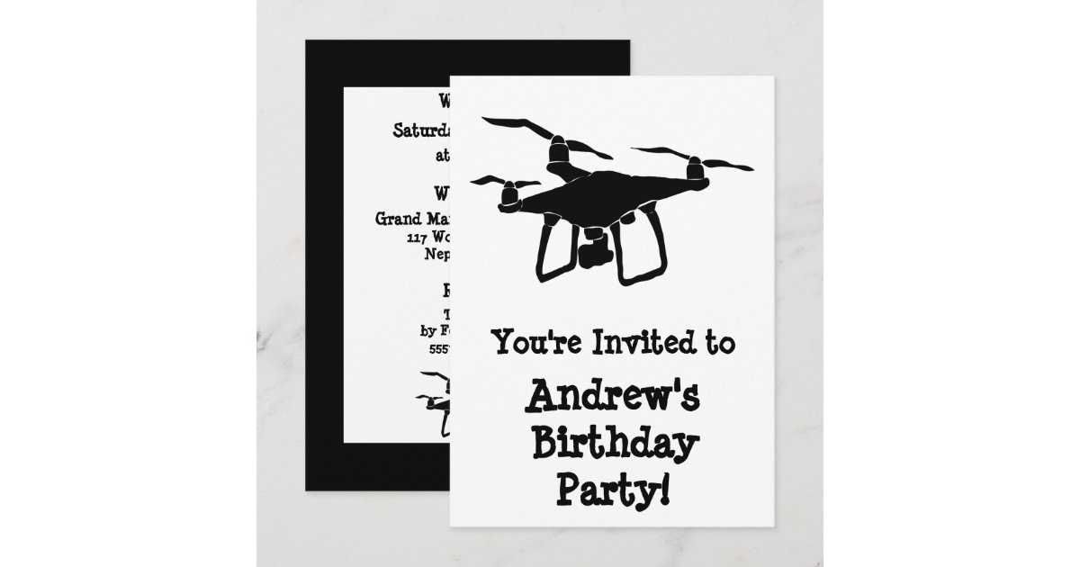 Black and White Drone Birthday Party Invitation | Zazzle