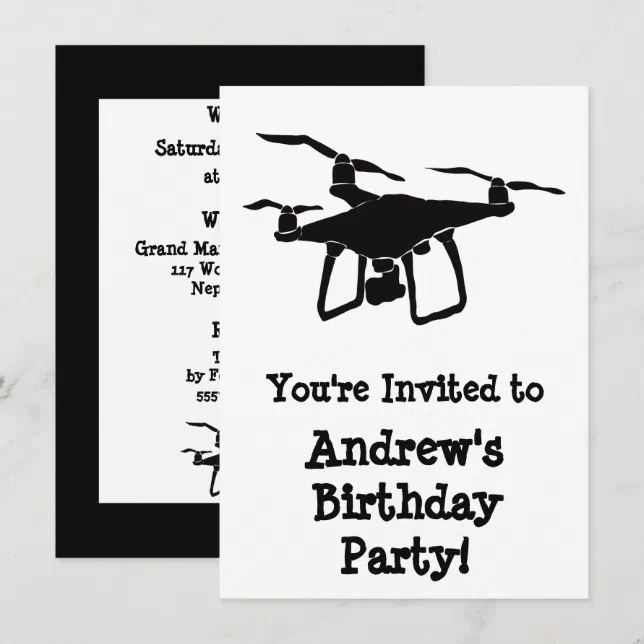 Black and White Drone Birthday Party Invitation | Zazzle