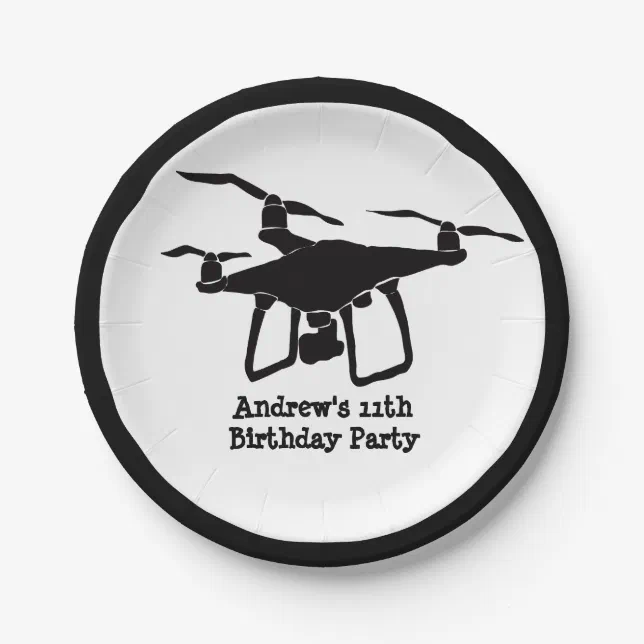 Black and White Drone Illustration Birthday Party Paper Plates | Zazzle