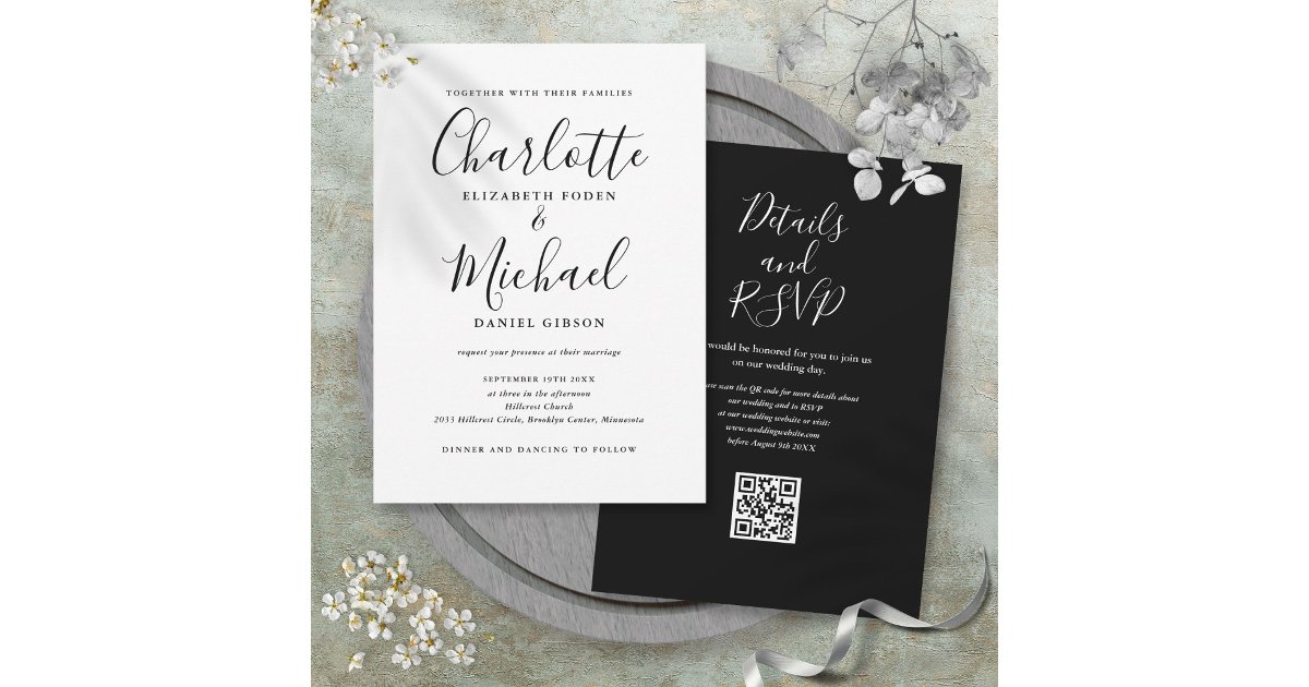 Black And White Elegant Script QR Code Wedding Invitation | Zazzle